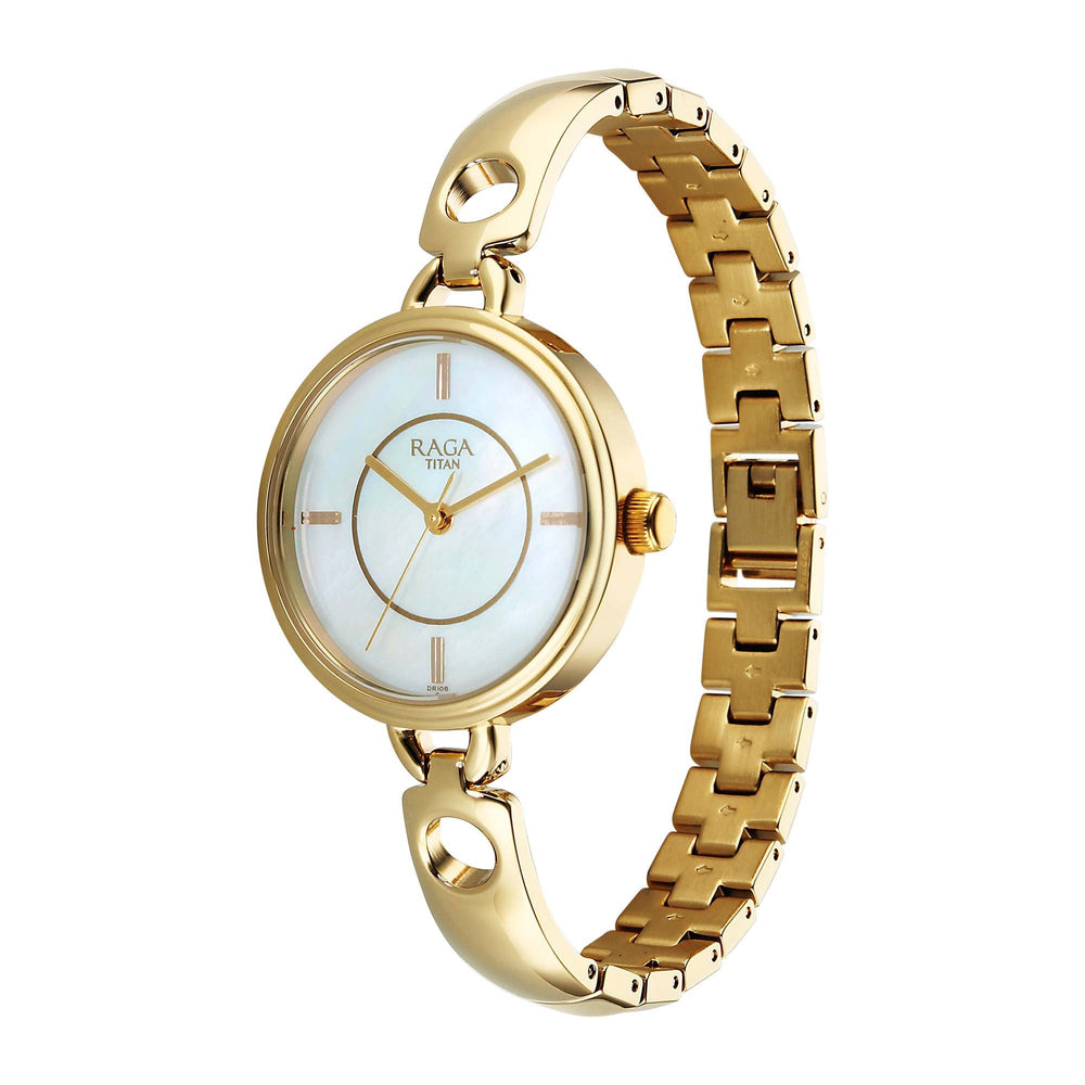 Titan Raga White Mother of Pearl Dial Gold Metal Strap Analog Watch fo